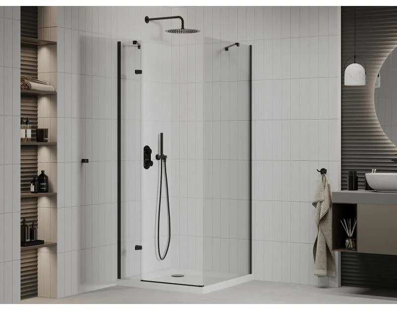 Mexen Roma, sprchový kout s 1-křídlými dveřmi 70 (dveře) x 80 (stěna) cm, 6mm čiré sklo, černý profil, slim sprchová vanička 5cm bílá s černým sifonem, 854-070-080-70-00-4010B