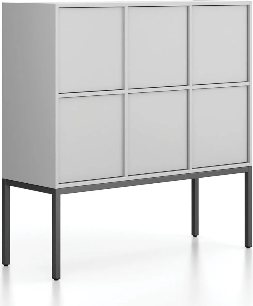 Kancelářská skříň FRAME, nízká, bílá podnož, 6x dveře, 1299 x 450 x 1331 mm, PUSH-lock, šedá