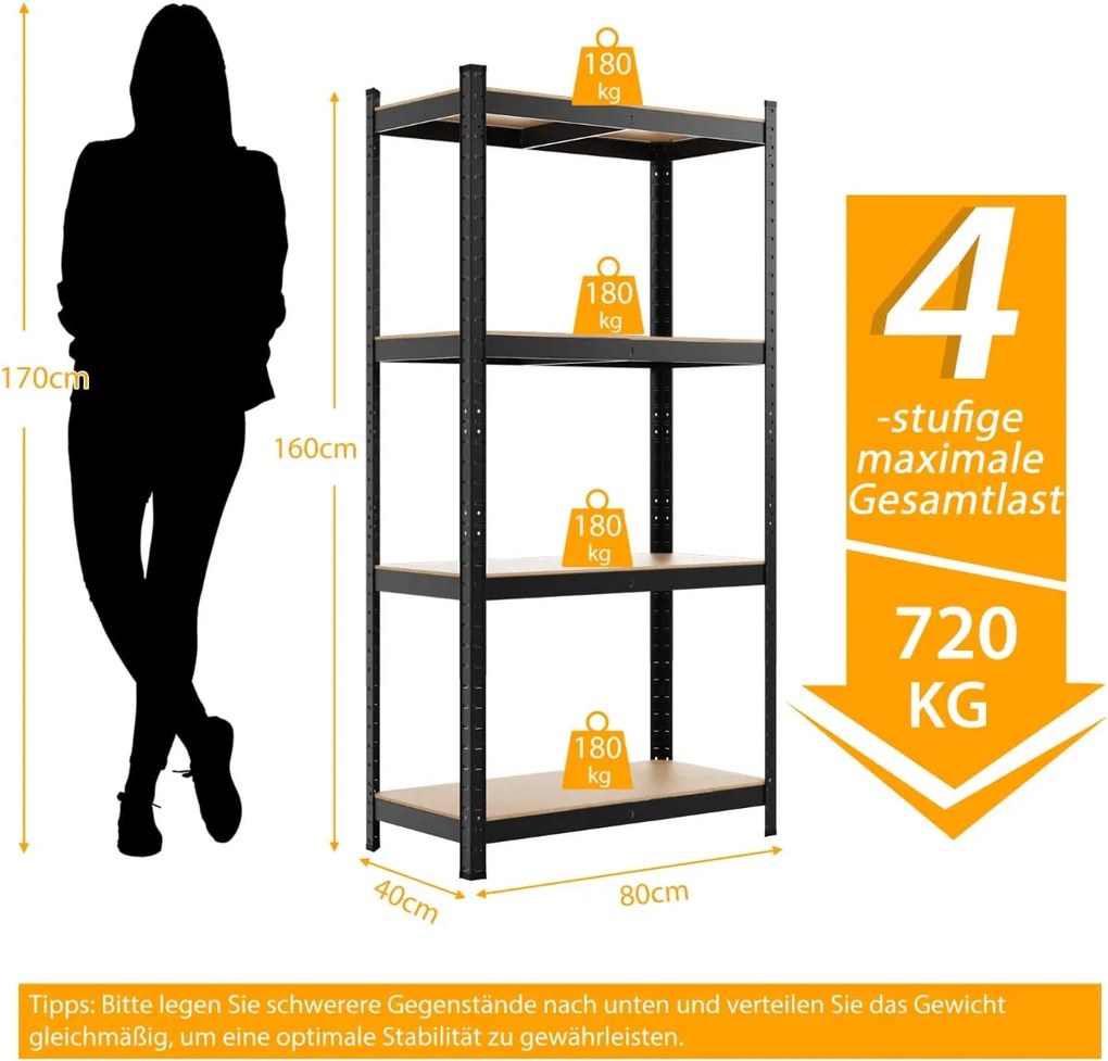 Costway Úložný regál 4 úrovně s kovovým rámem, těžký pojme až 720 kg, modrý
