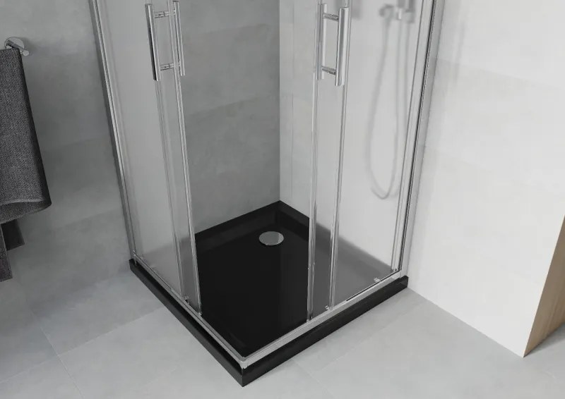 Mexen Rio, čtvercový sprchový kout s posuvnými dveřmi 80 x 80 cm, 5mm šedé sklo, chromový profil + černá sprchová vanička Rio, 860-080-080-01-30-4070
