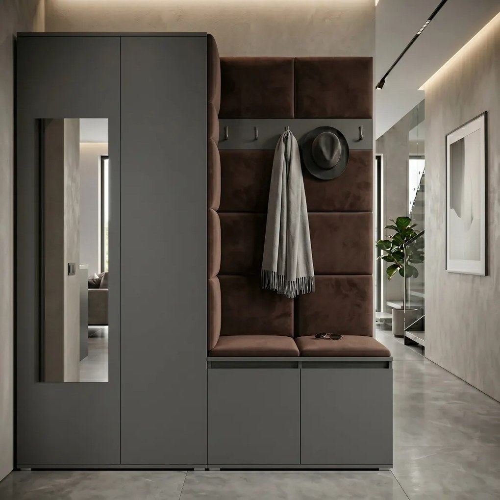 Předsíňová stěna Trinity 8 s čalouněnými panely, 190 cm, grafit/ hnědá