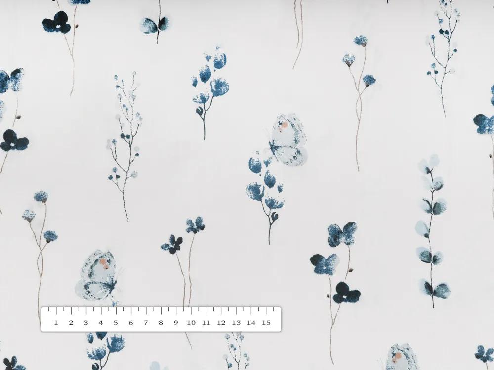 Biante Bavlněný závěs Sandra SA-398 Modré kvítí s motýlky 150x150 cm