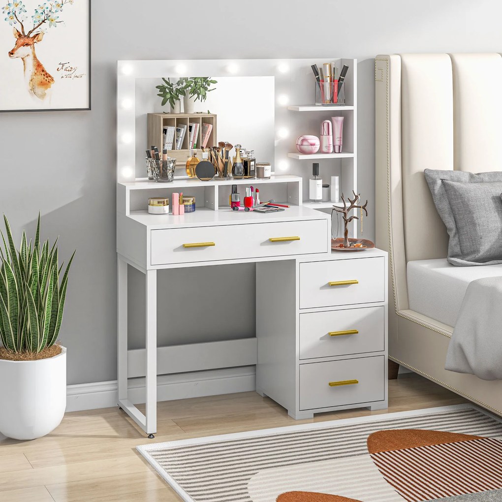 HOMCOM toaletní stolek se zrcadlem a 9 LED světly, 4 zásuvky a 6 otevřených přihrádek, 100 x 40 x 138 cm, bílý