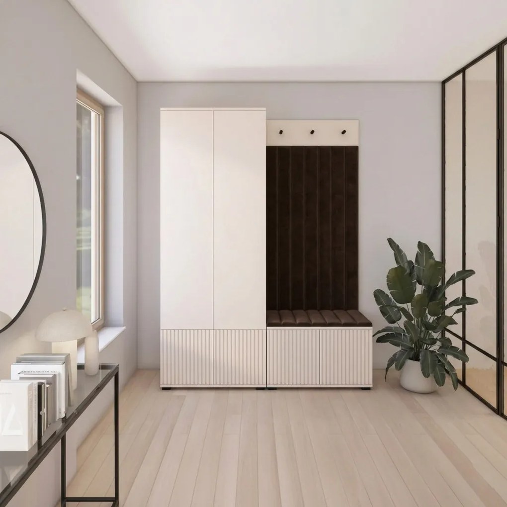 Předsíňová stěna RAYO 1 s čalouněnými panely, 140 cm, kašmír/ tmavě hnědá