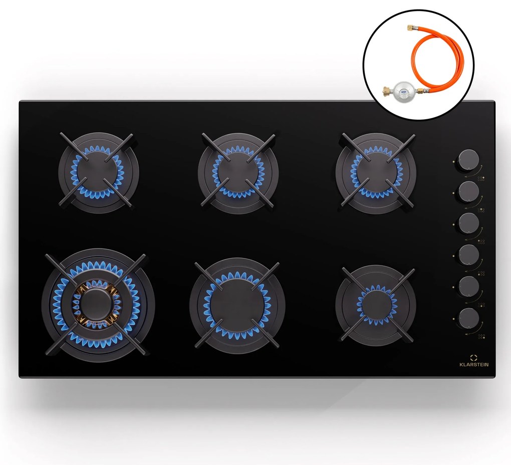 Klarstein Goldflame 6, plynová varná deska, soběstačná, 6 hořáků, boční ovládání, plyn/propan, sklokeramika, černá