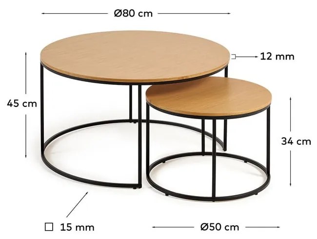 Kulaté konferenční stolky v sadě 2 ks s deskou v dubovém dekoru ø 80 cm Yona - Kave Home