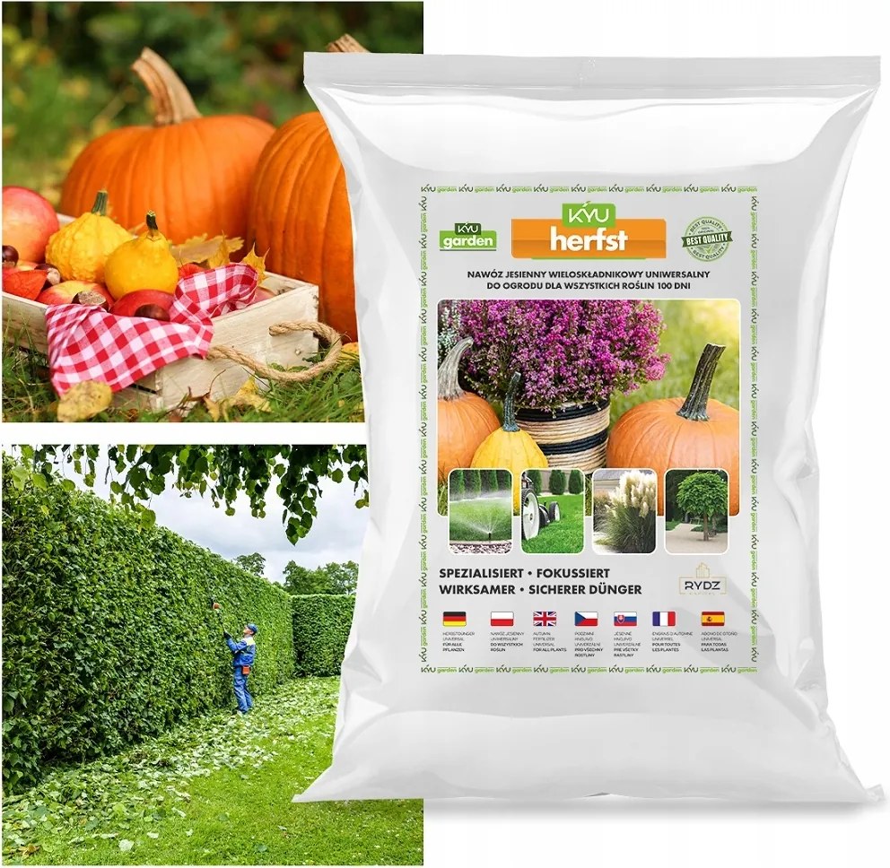 Podzimní hnojivo pro Tui jehličnany Trávníková růže Hortenzie 100 dní 5 kg Kyu Herfst