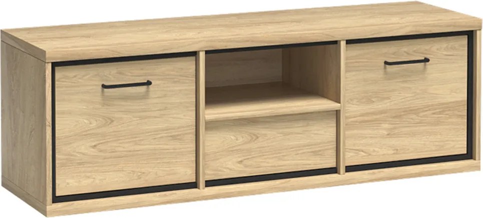 MEDIOLAN | TV stolek M12 se zásuvkou a policemi + KOVOVÉ NOŽIČKY | 139 cm | natural hikora