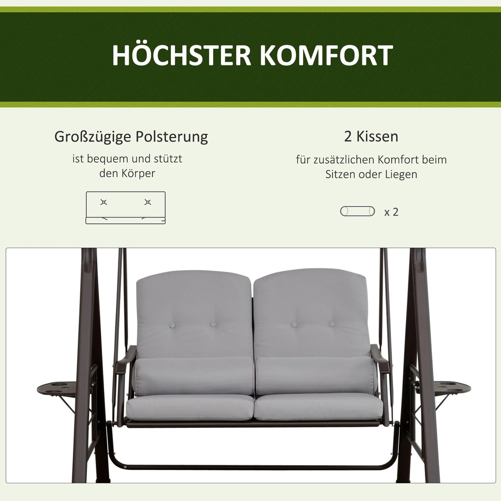 Dvoumístná hollywoodská houpačka Outsunny se sluneční stříškou, polštáři a podnosem, moderní zahradní houpačka z kovu a polyesteru, šedá, 162x118x173…