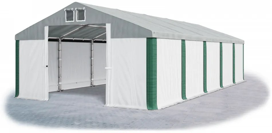 Garážový stan 8x8x4m střecha PVC 560g/m2 boky PVC 500g/m2 konstrukce ZIMA Šedá Bílá Zelené