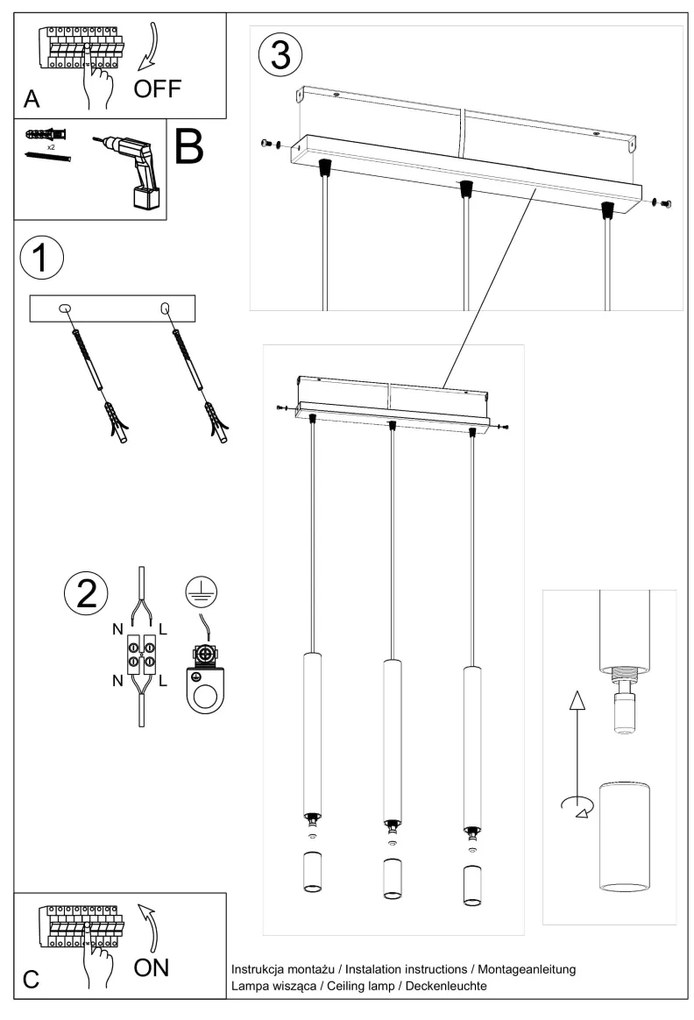 Závěsné svítidlo Wezyr, 3x skleněné/bílé kovové stínítko