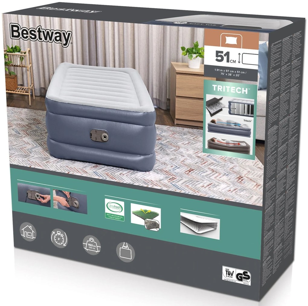 BESTWAY TriTech Twin Nafukovací postel s vestavěnou pumpou, 191 x 97 x 51 cm 6713G