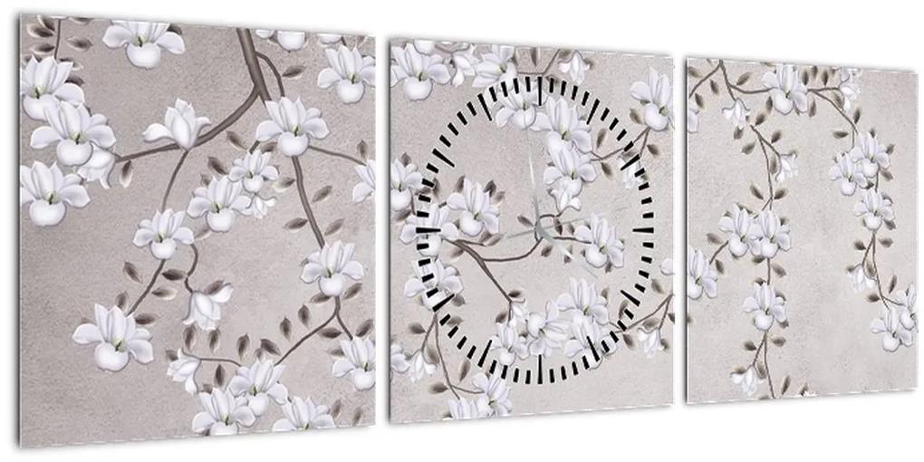 Obraz - Květy v šedivé krajině (s hodinami) (90x30 cm)
