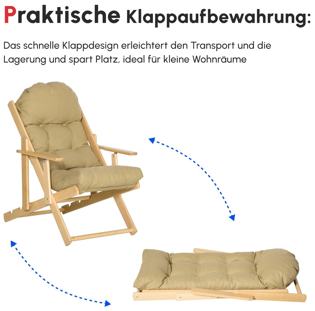 HOMCOM Relaxační křeslo skládací čalouněné křeslo, polohovací křeslo, relaxační křeslo, jídelní židle se vzhledem lnu do obývacího pokoje, bukové dře…