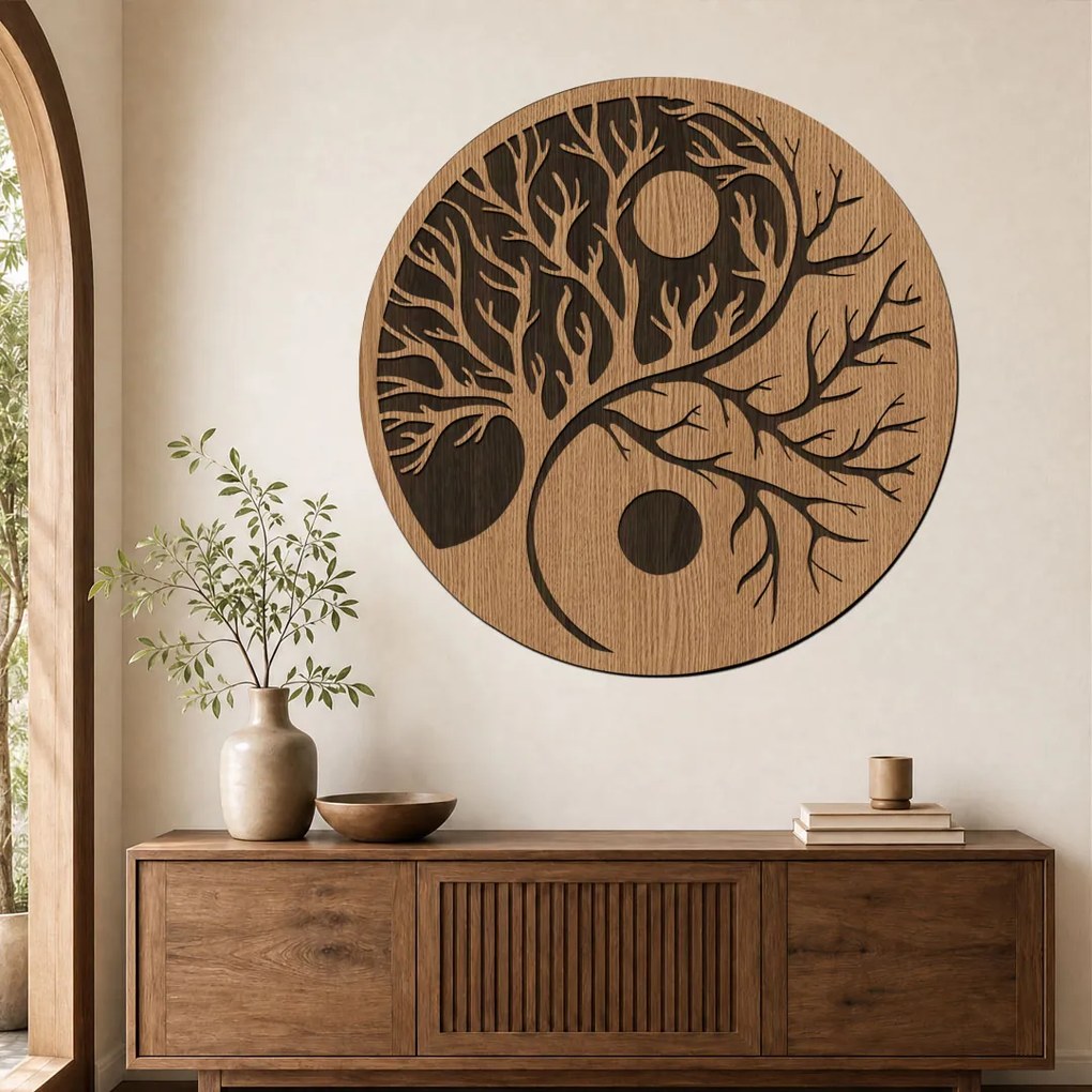 dřevo života 2 dílný dřevěný strom YING YANG na stěnu Zvolte barvu dekoru: Ořech-Dub Sonoma, Zvolte rozměr Ø (cm): 80
