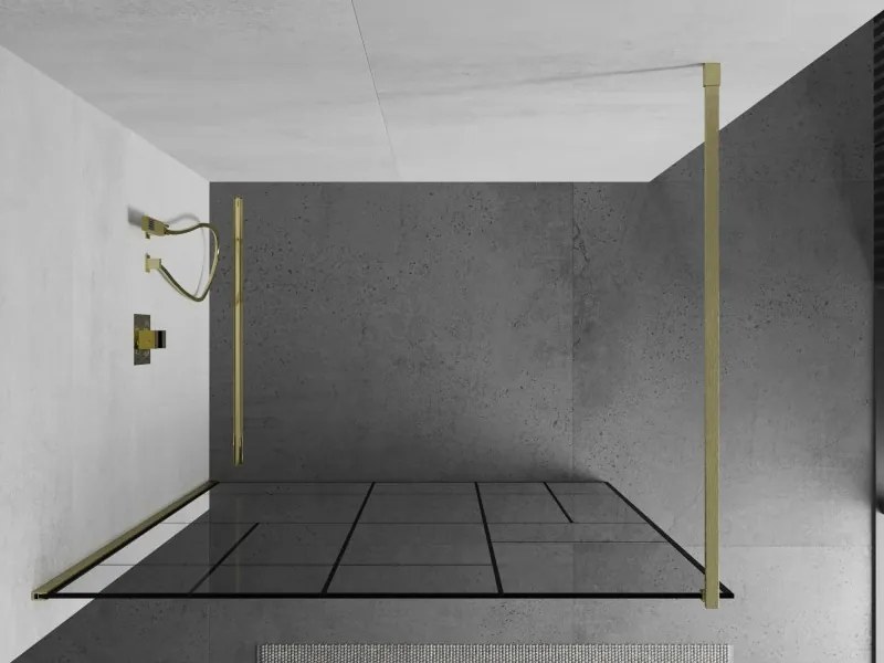 Mexen Kioto, sprchová zástěna Walk-In 100 x 200 cm, 8mm čiré sklo černý vzor, ​​zlatý matný profil, 800-100-101-55-78
