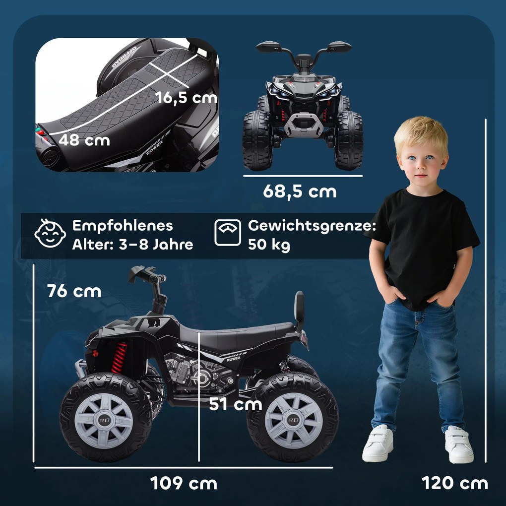 AIYAPLAY Dětský elektro quad, 24V elektrické vozidlo se 4 koly, světlomet, USB port, MP3 funkce, 6,5 km/h, 3-8 let 370-412V90BK