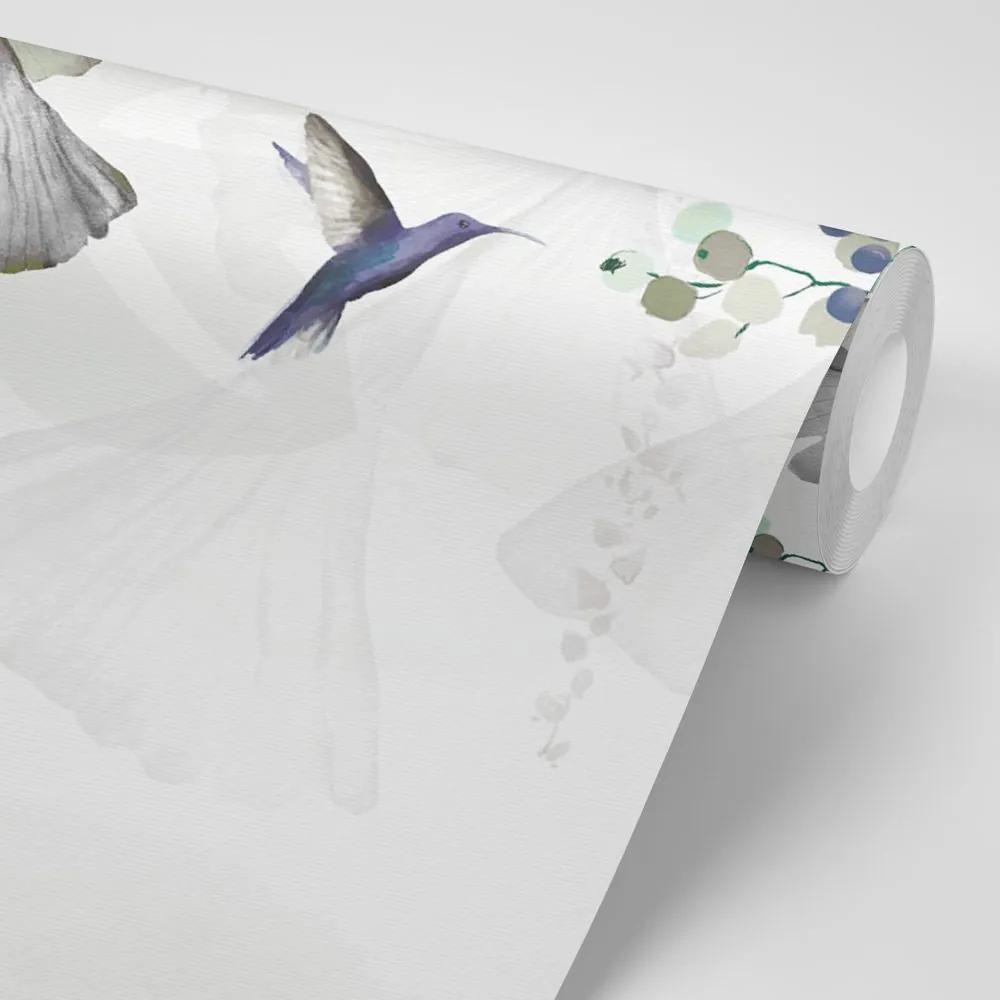 Samolepící tapeta listy s kolibříky v šedo-zeleném