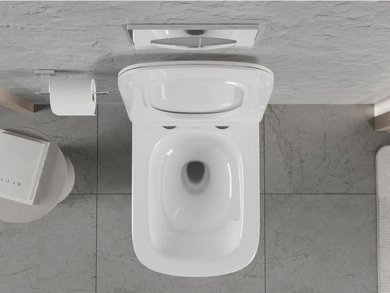 Mexen Riva, závěsná WC mísa 555x370x335 mm, Rimless Tornádo + WC sedátko z duroplastu, bílá lesklá, 30630200T