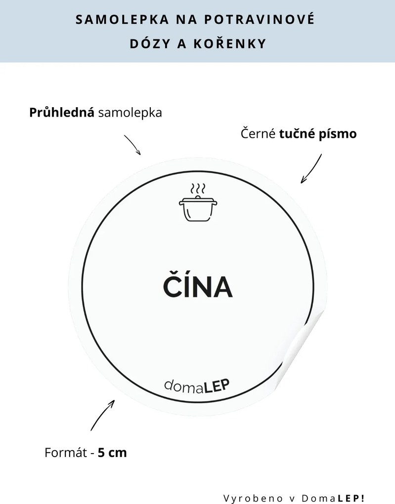 Samolepka na kořenky ČÍNA průhledná 5 cm tučné písmo