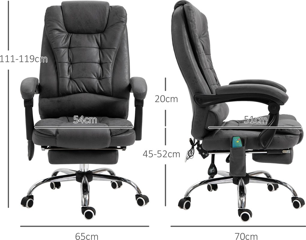 Kancelářská židle Vinsetto s masážní a vyhřívací funkcí, ergonomická, 6 masážních bodů, podnožka, dálkové ovládání, polyester, 65 x 160 x 104 cm, šedá