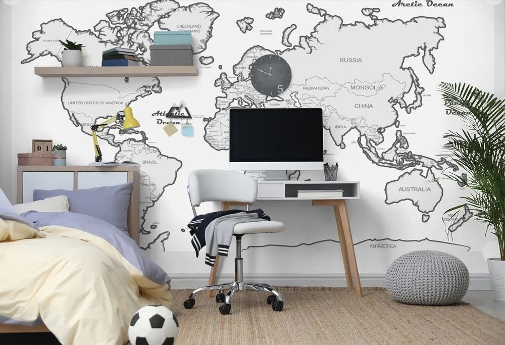 Samolepící tapeta mapa světa s šedým okrajem - 225x150 cm