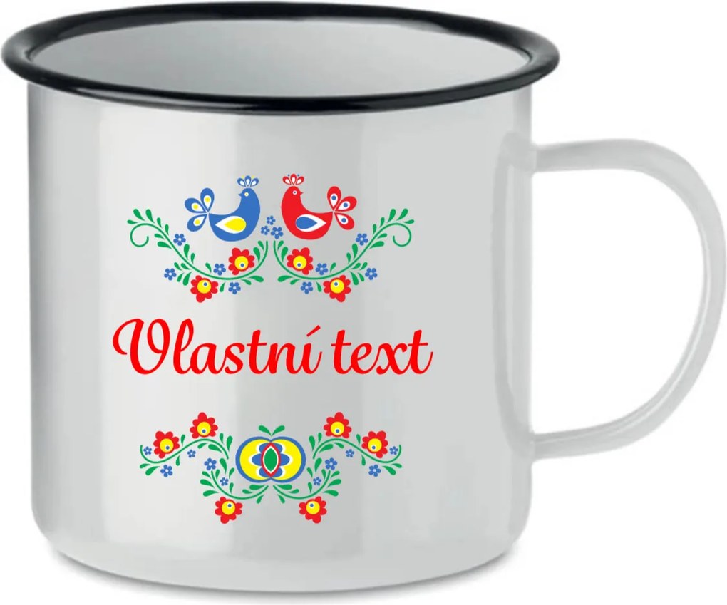 Personalizovaný bílý retro plecháček s folklórním vzorem