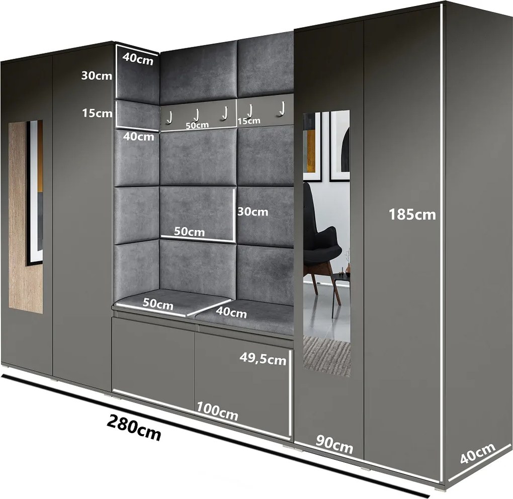 Eka Předsíňová stěna s čalouněnými panely Trinity 10 - Sonoma / Černá 2316