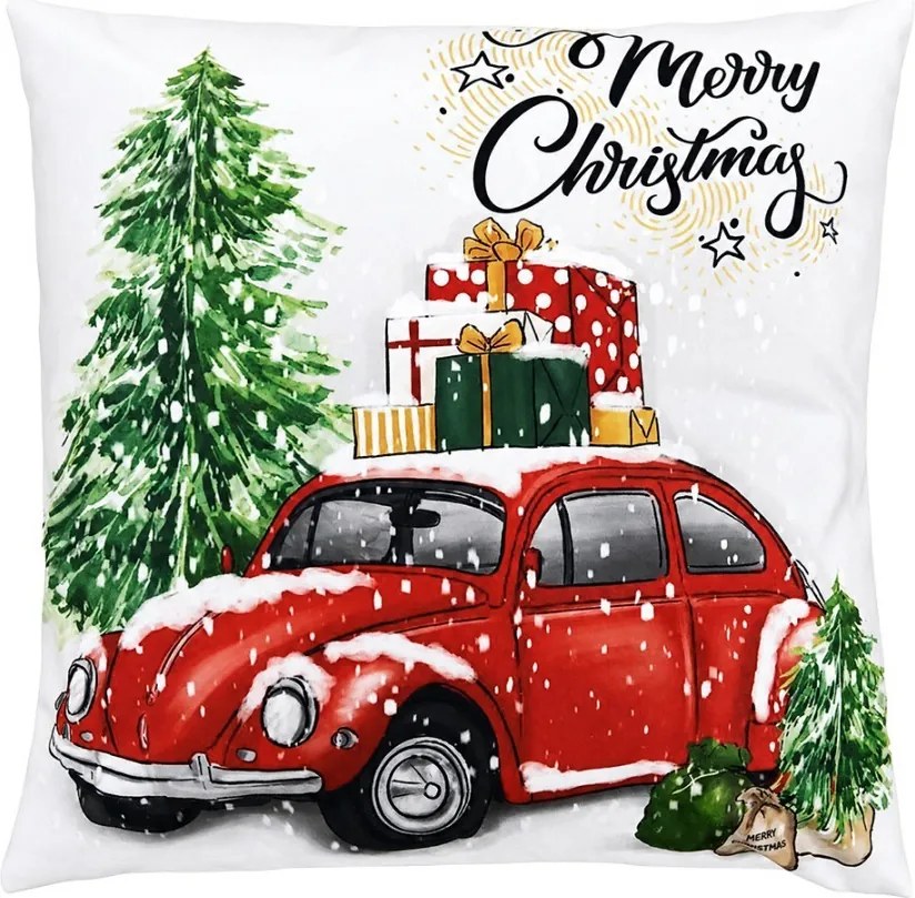 Vánoční dekorační polštář s autíčkem Merry Christmas - 45*45*4 cm