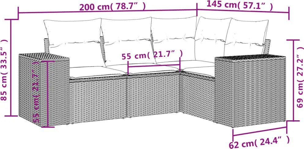 4dílná zahradní sedací souprava s polštáři šedá polyratan 3222510