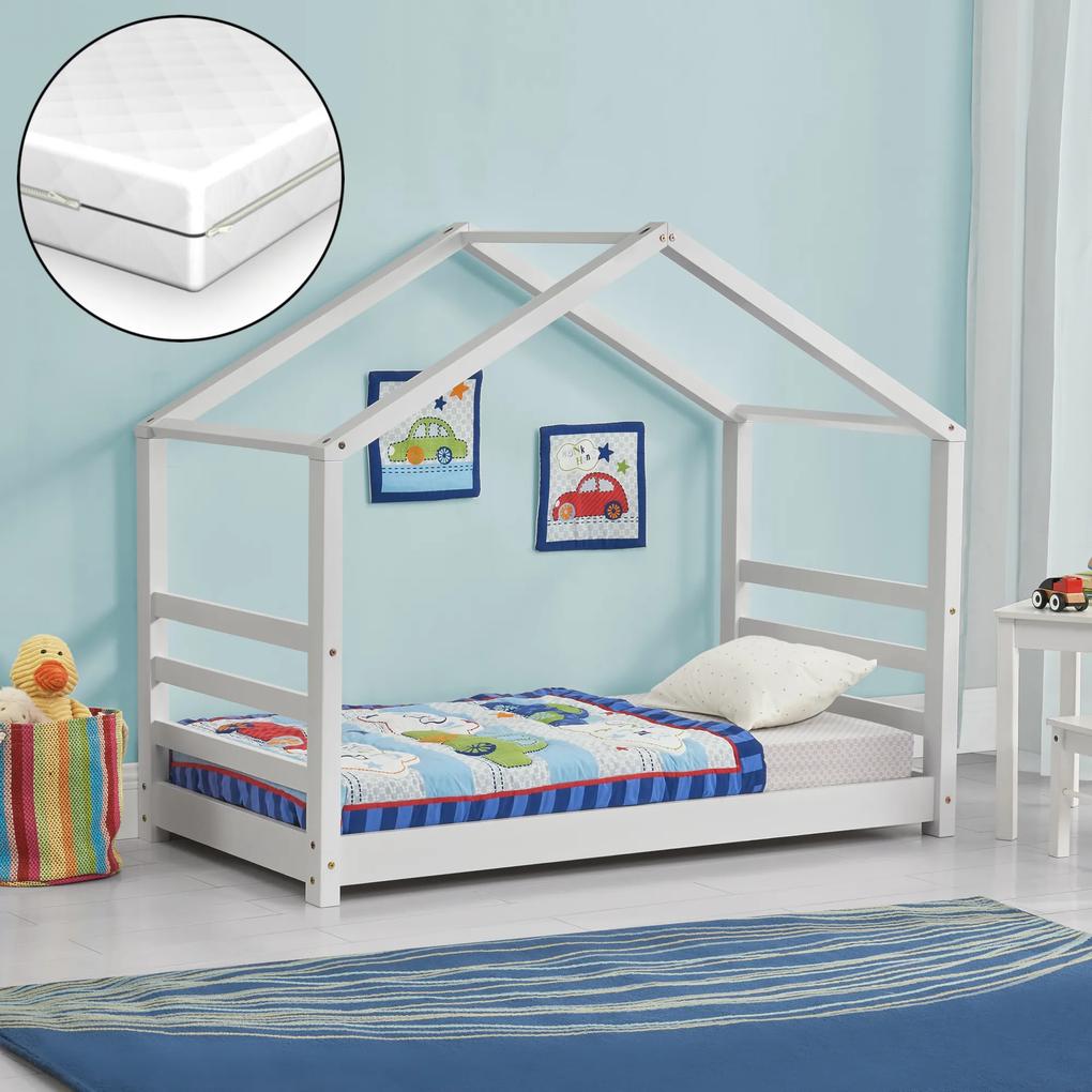 [en.casa] Dětská postel domeček AAKB-8698 bílá 80x160 cm s matrací a roštem