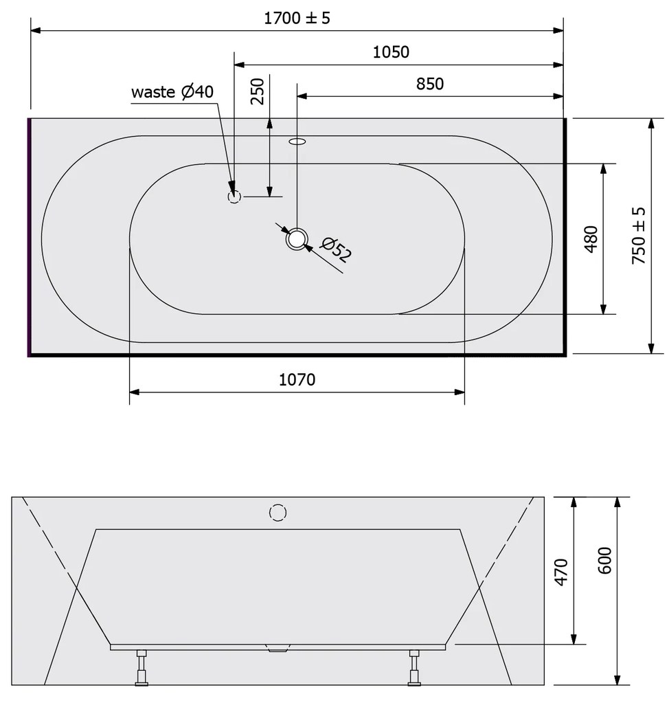 Polysan VIVA BD MONOLITH obdélníková vana 170x75x60cm, bílá,	88119MD