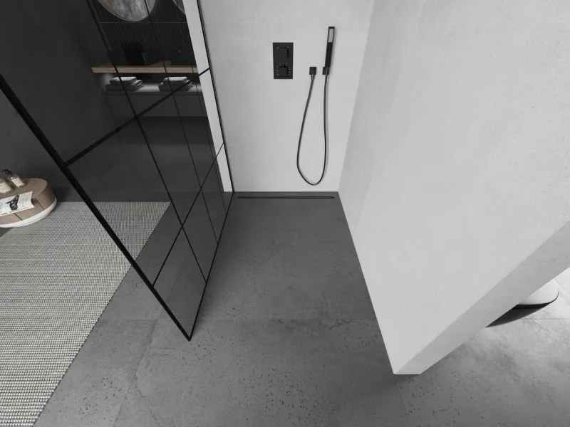Mexen Kioto, sprchová zástěna Walk-In 140 x 200 cm, 8mm čiré sklo černý vzor, grafitový profil, 800-140-101-95-77