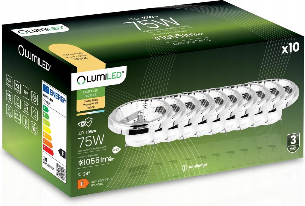10x Led žárovka G53 AR111 10W 75W 1055lm 4000K 24° 12V Stříbrná Lumiled