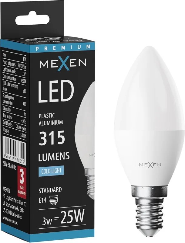 Mexen Nova, LED žárovka E14, C37, 3W, neutrální - 4000K, 315 lm - L102-E14-0340-01