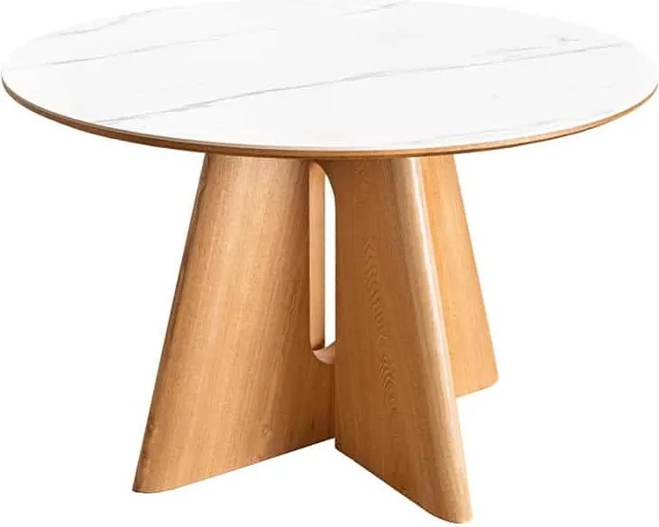 Kulatý keramický jídelní stůl Yenibeth 120 cm bílý mramor / dub