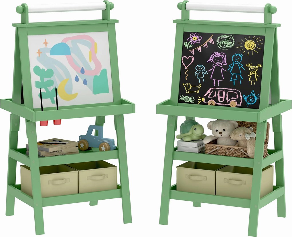 AIYPLAY Dětský easel 3v1 Magnetická oboustranná tabule s papírovým válcem a úložnými košíky 59x48x118 cm Zelená | Aosom