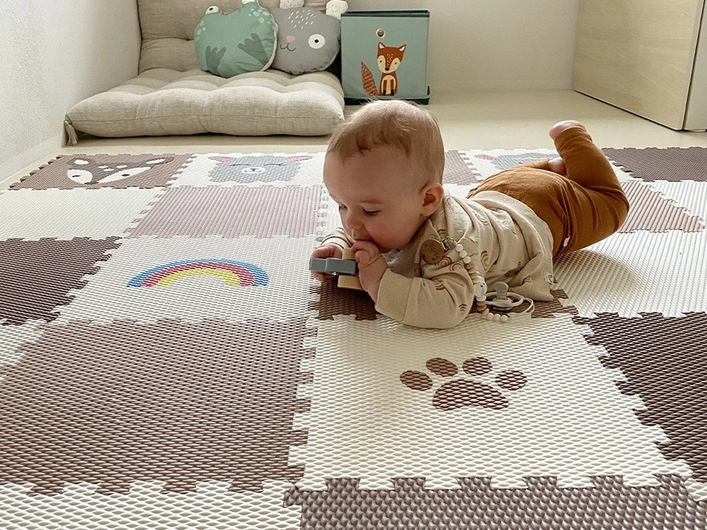 Pěnová hrací podlaha puzzle 25 dílů HNĚDO-BÍLÁ se zvířátky