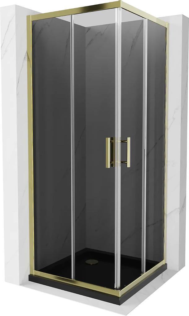 Mexen Rio, čtvercový sprchový kout s posuvnými dveřmi 70 (dveře) x 70 (dveře) x 190 cm, 5mm šedé sklo, zlatý profil + černá sprchová vanička SLIM, 860-070-070-50-40-4070G