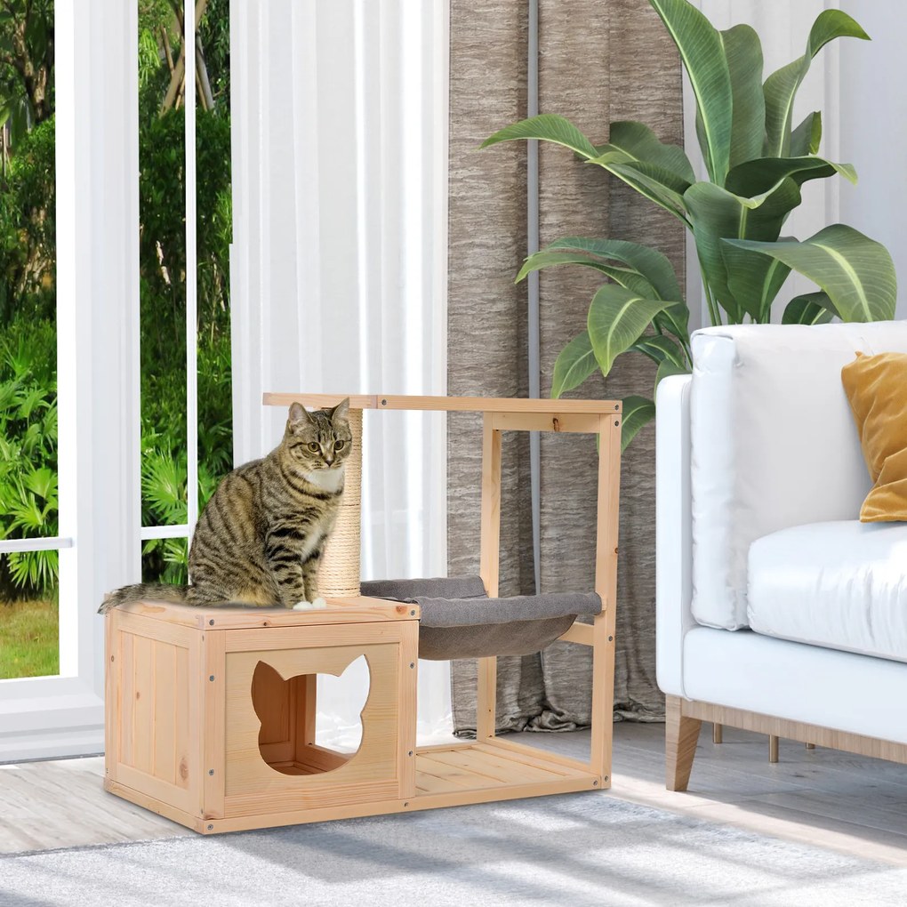 Kočičí domeček PawHut s houpací sítí a sisalovým kmenem, box pro kočky z jedlového dřeva, přírodní 70x35x60cm pro milovníky koček | Aosom.de