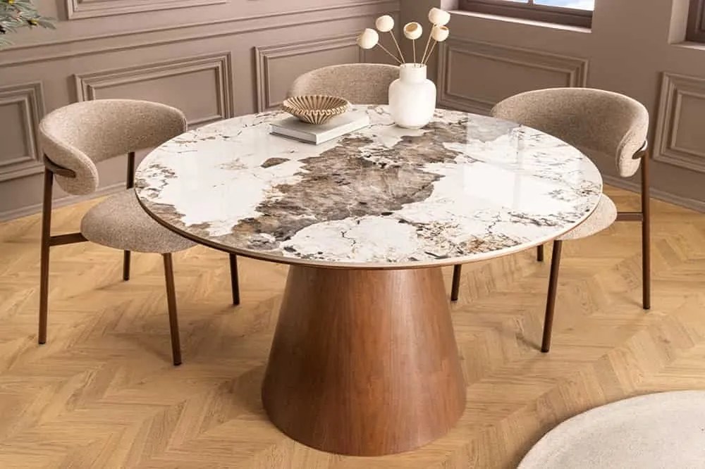 Kulatý keramický jídelní stůl Parthenia 120 cm bílý mramor / ořech