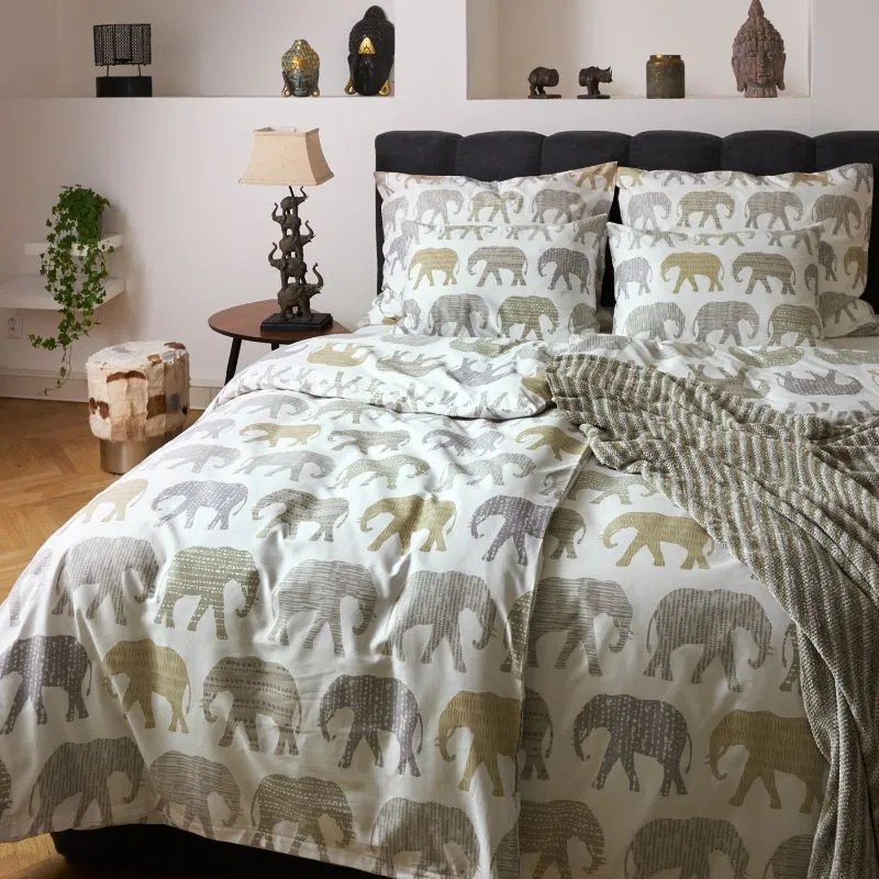 SCANquilt povlečení SATÉN DESIGN elephants šedobéžová 140 x 200/70 x 90 cm