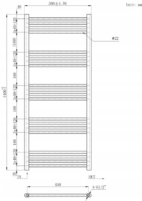 Erga Basic, topné těleso 1400x500 mm, 546 W, černá, ERG-LAV-BASIC-14050-BK