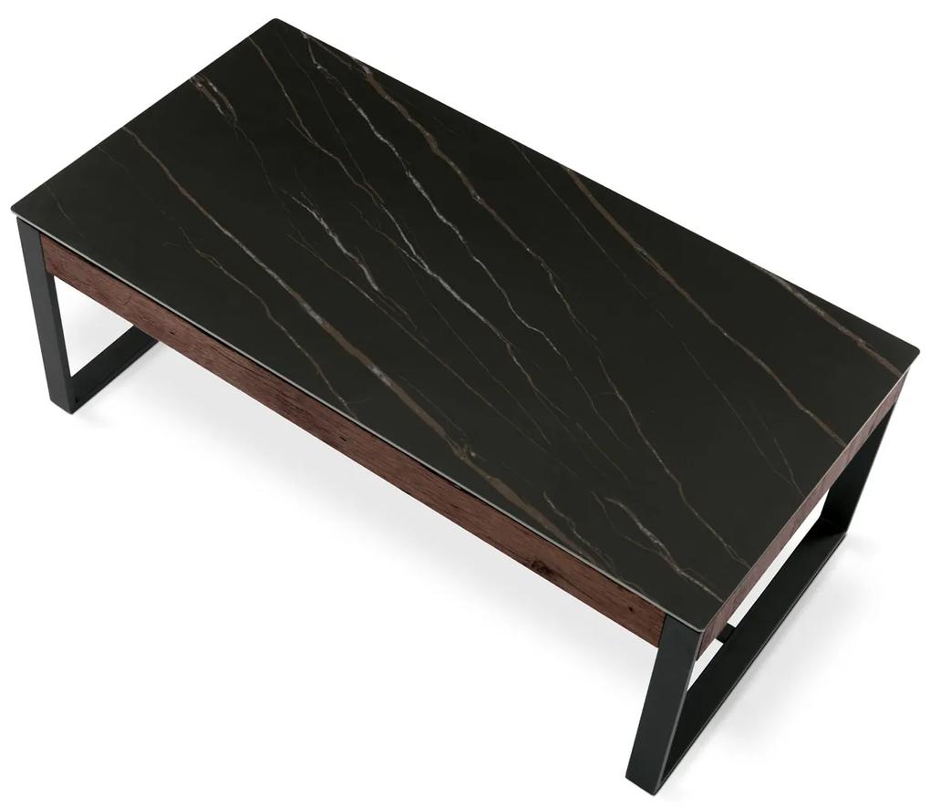 Stůl konferenční, deska slinutá keramika 120x60, černý mramor, nohy černý kov, tmavě hnedá dýha - AHG-285 BK