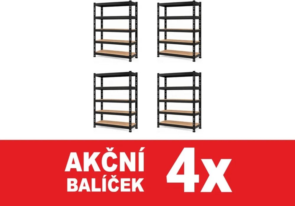 Akce 4x Regál 216x120x50 cm profesionální 5-policový, nosnost 2000 kg - černý