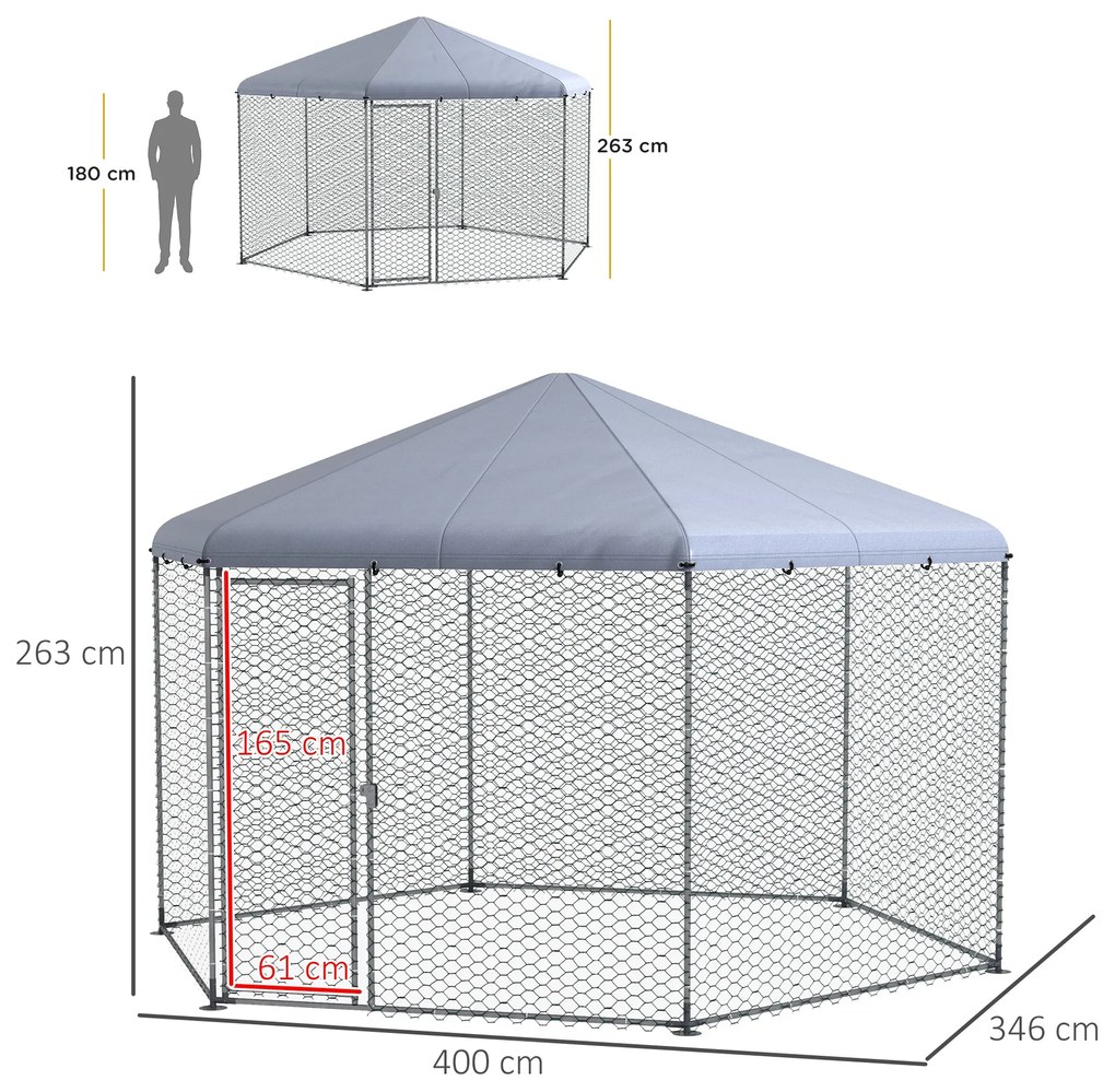 PawHut kurník 400 x 346 x 263 cm ocelový výběh pro volný chov, klec pro kuřata s krytem, dvířka, výběh pro 10-15 kuřat, malá zvířata, šedá | Aosom
