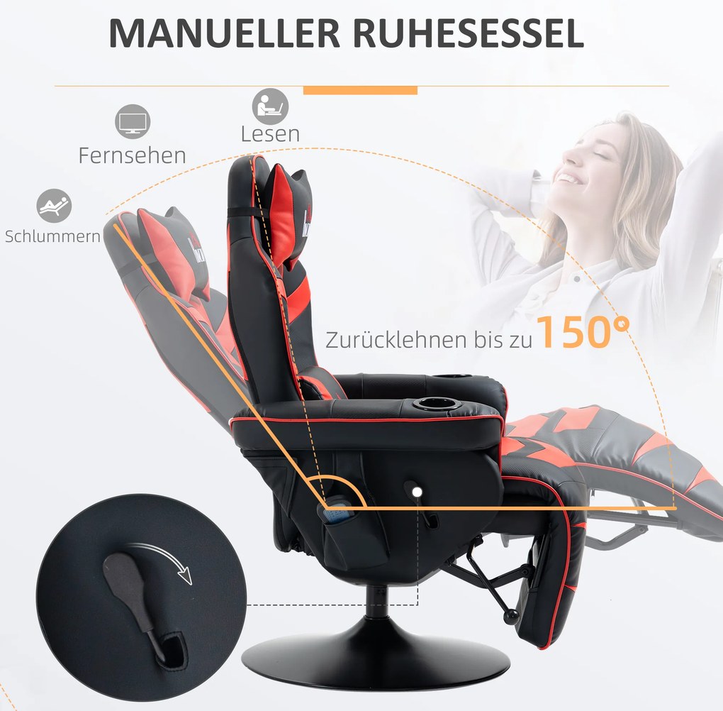 HOMCOM polohovací křeslo s masážní funkcí, ergonomické, lounge křeslo s vysokým opěradlem, polštářem, držákem na nápoje, TV křeslo, imitace kůže