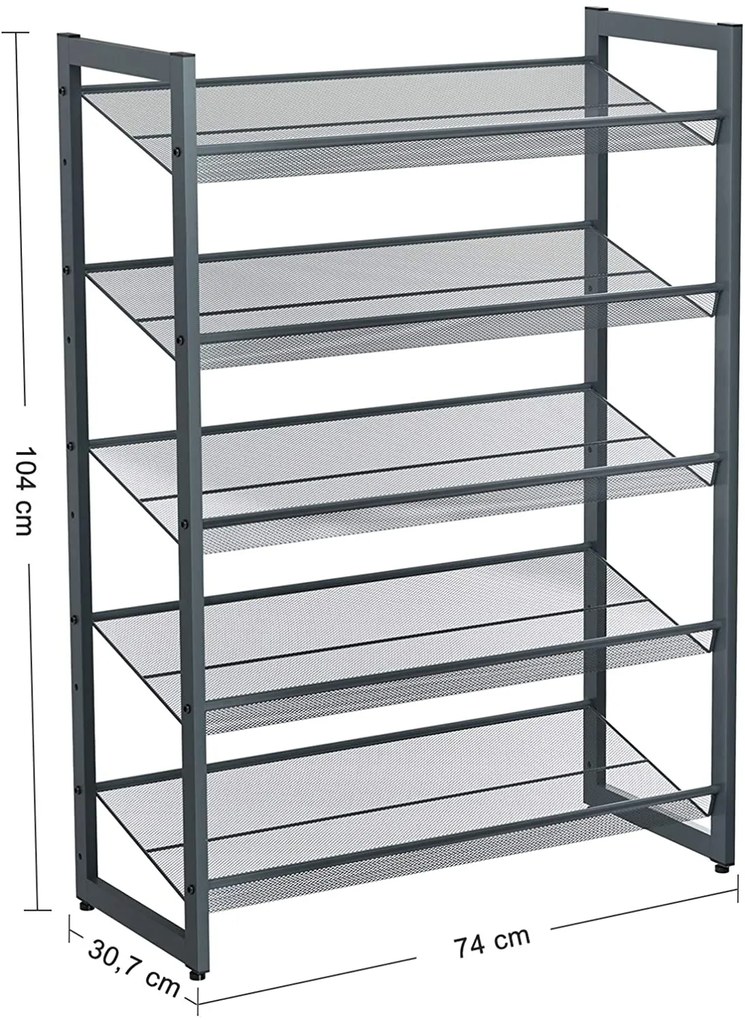 SONGMICS Botník kovový 5 polic černý 74 x 105 x 31 cm