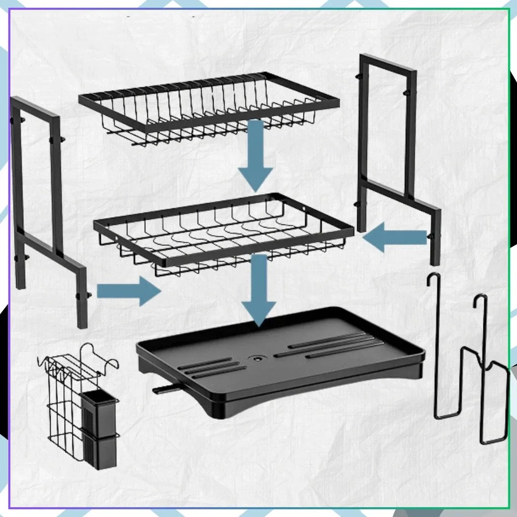 Camerazar Dvoupatrový sušič nádobí, kuchyňský organizér s odkapávačem, černý