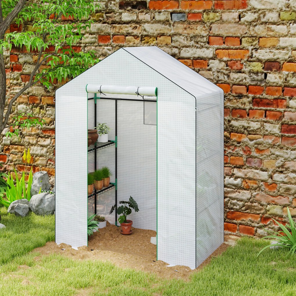 Skleník s policemi, miniskleník, odolný proti UV záření, síťované okno, dveře na zip, 143L x 74W x 190H cm, bílý